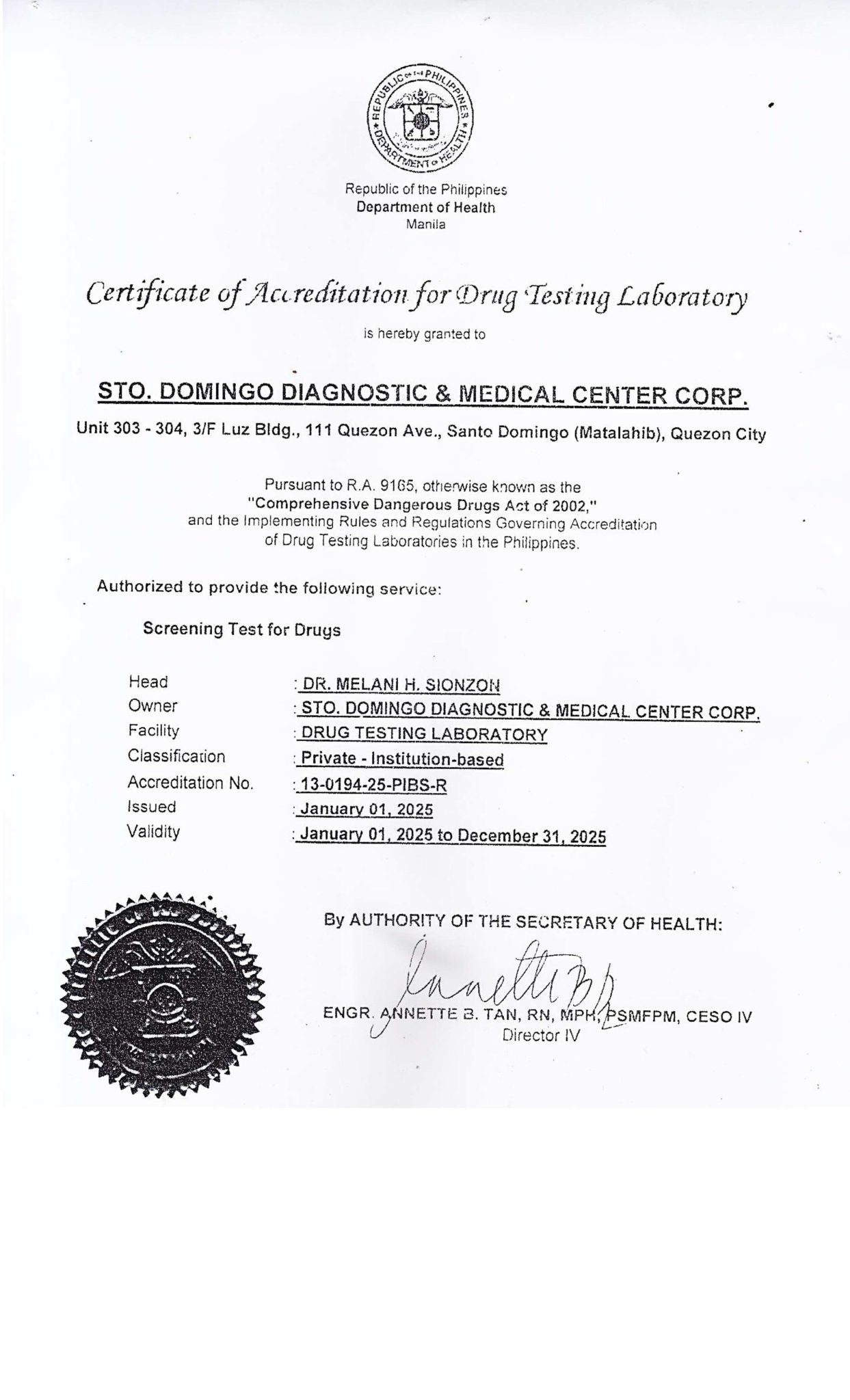 Accreditation – Sto. Domingo Diagnostic and Medical Center Corp.